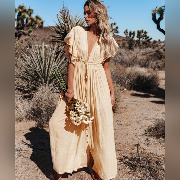 Swim New Gauze Cover Up Maxi Dress Button Front Deep Plunge Beige Swim New Gauze Cover Up Maxi Dress Button Front Deep Plunge Beige